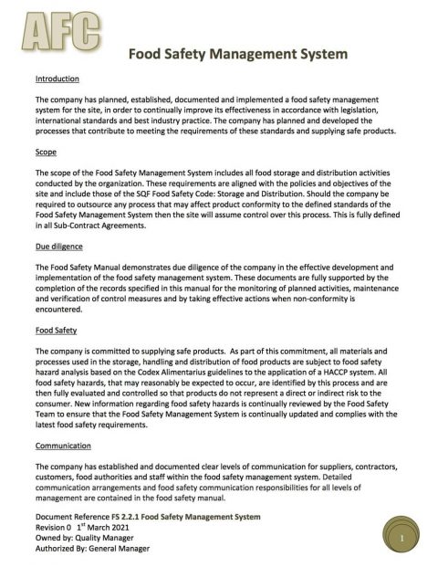 SQF Storage and Distribution Food Safety Management System – SQF Code